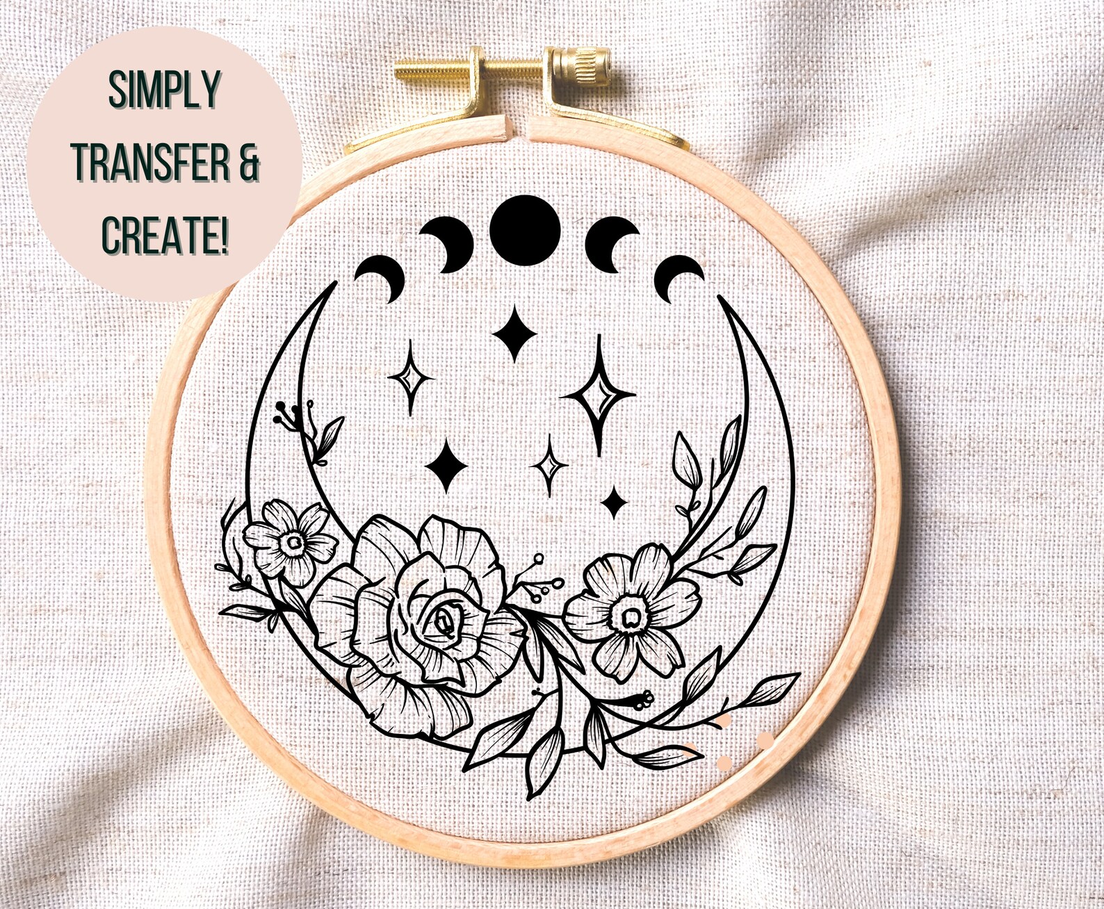Floral Moon Embroidery Pattern PDF Celestial Moon Phases Hand - Etsy