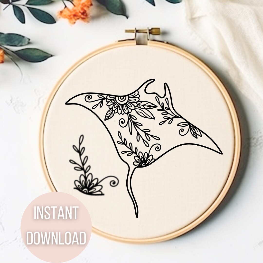 Animal Hand Embroidery PDF Floral Stingray Printable Hand Embroidery ...
