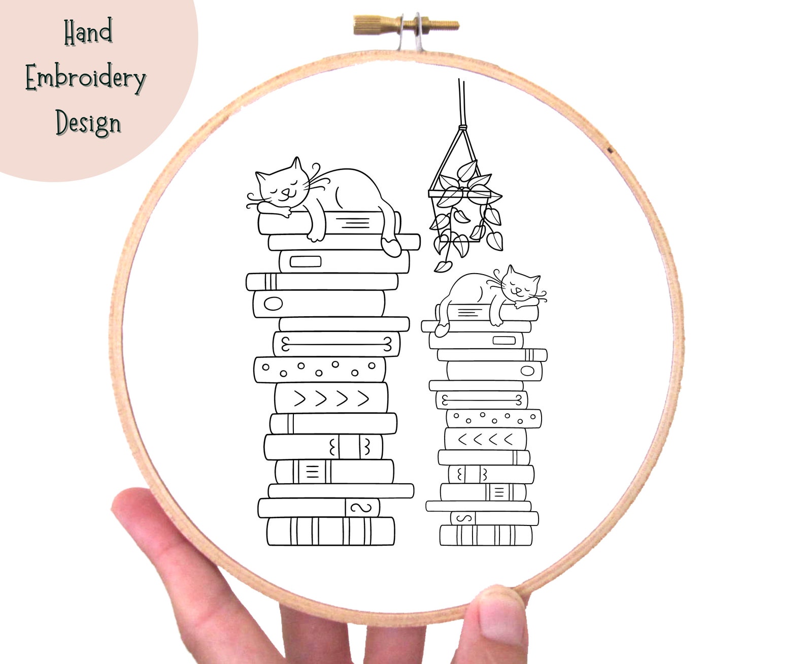Boho Hand Embroidery Pattern - Stack of Books Hoop Art Design - Cat ...
