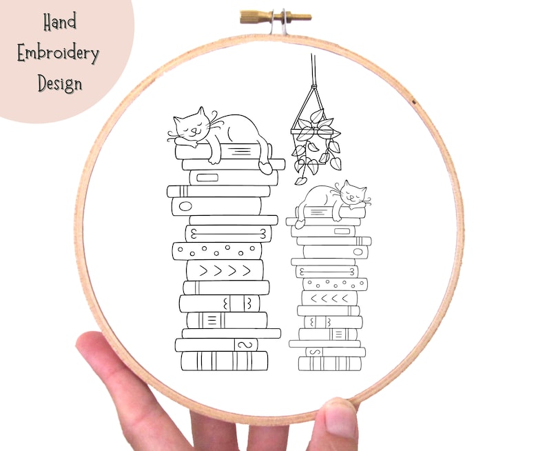 Boho Hand Embroidery Pattern - Stack of Books Hoop Art Design - Cat ...