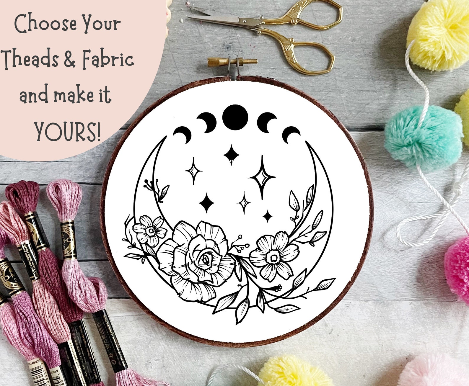 Floral Moon Embroidery Pattern PDF Celestial Moon Phases Hand - Etsy
