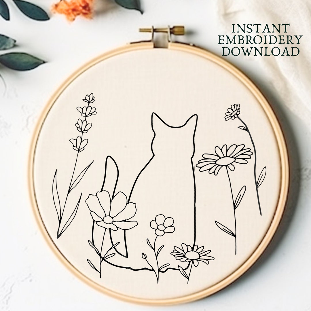 Wildflower Cat Hand Embroidery Pattern PDF Cat Lovers Hand Embroidery ...