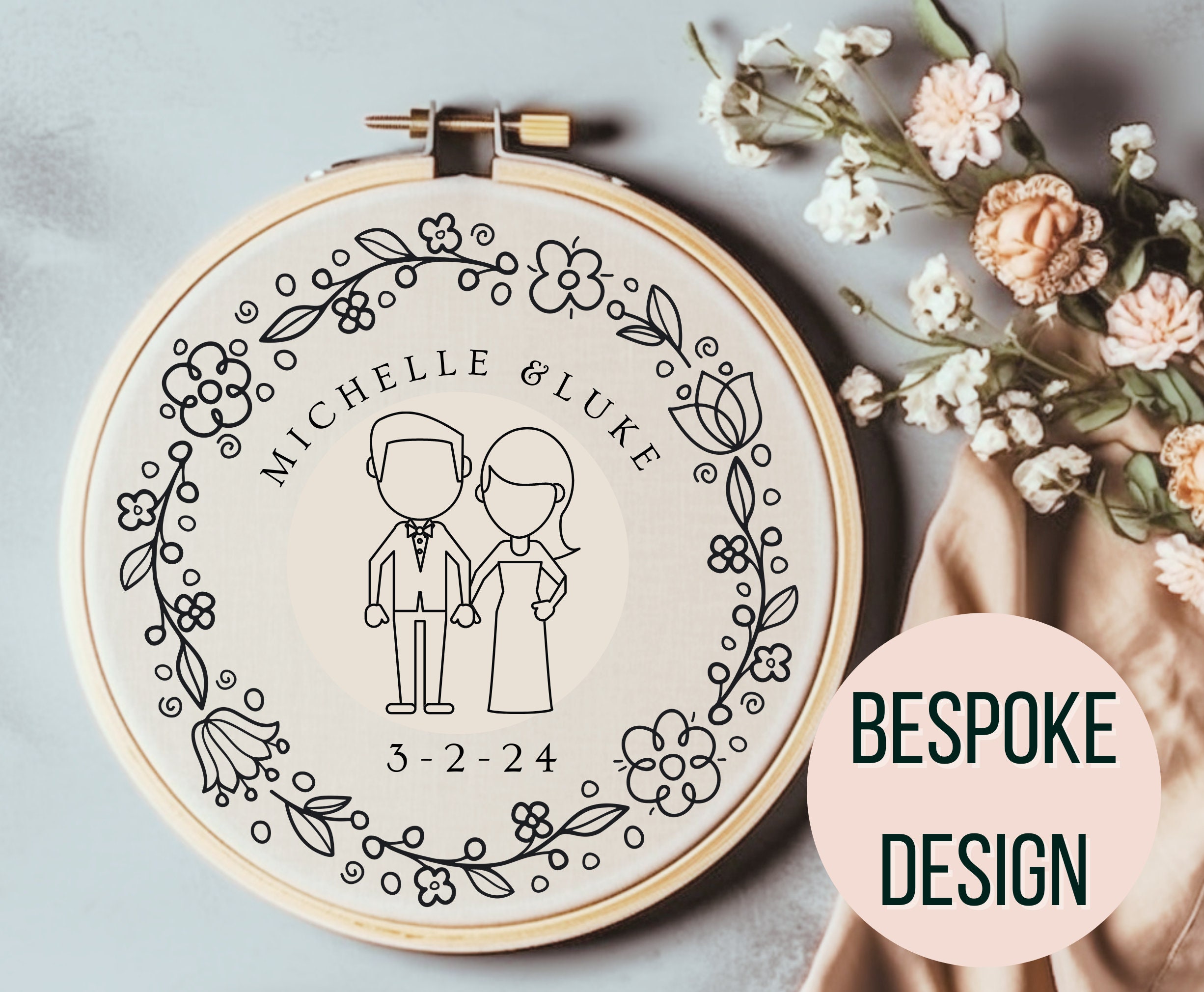 Cute Bride and Groom Wedding Names Hand Embroidery Pattern Personalized ...