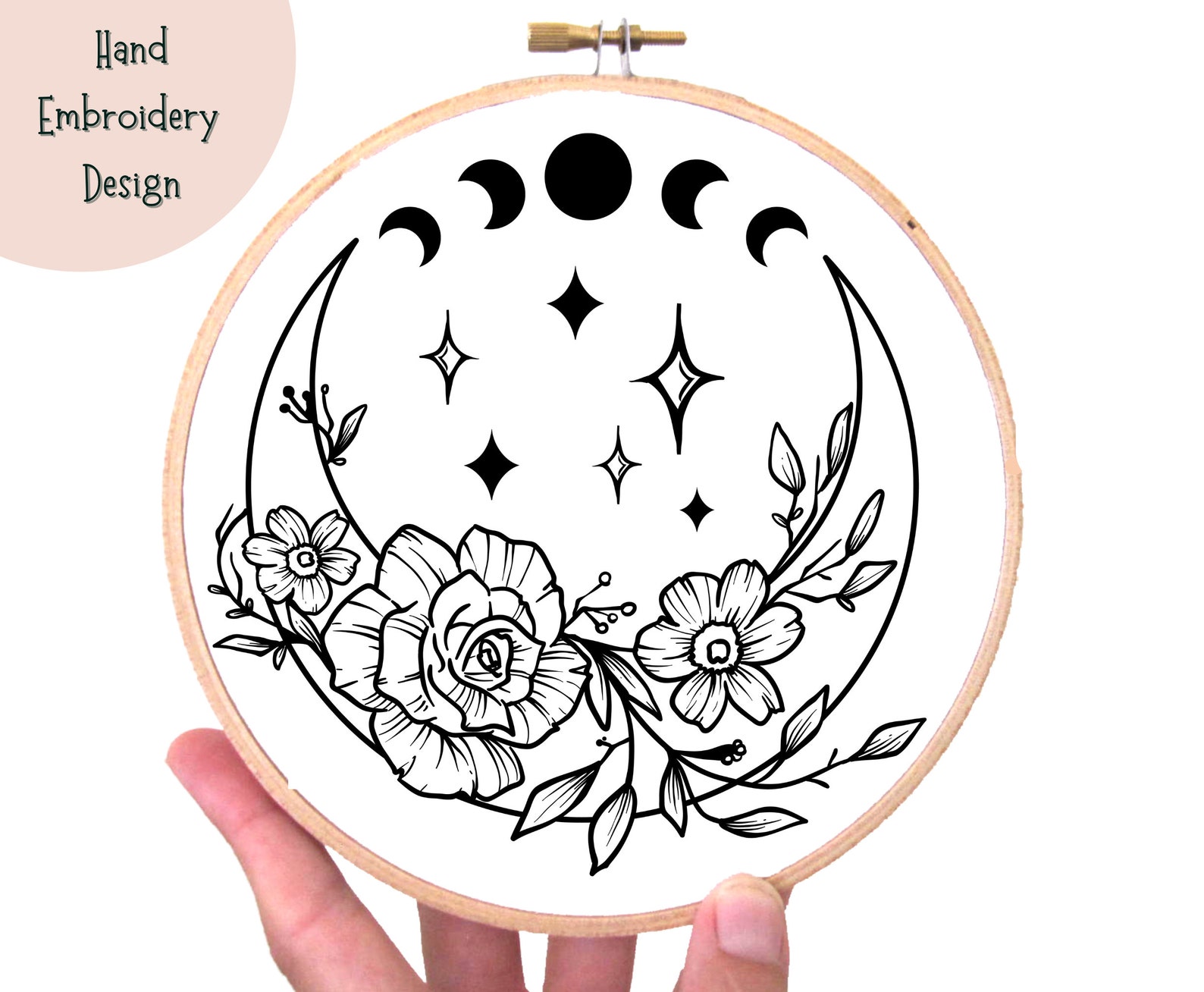 Floral Moon Embroidery Pattern PDF Celestial Moon Phases Hand - Etsy