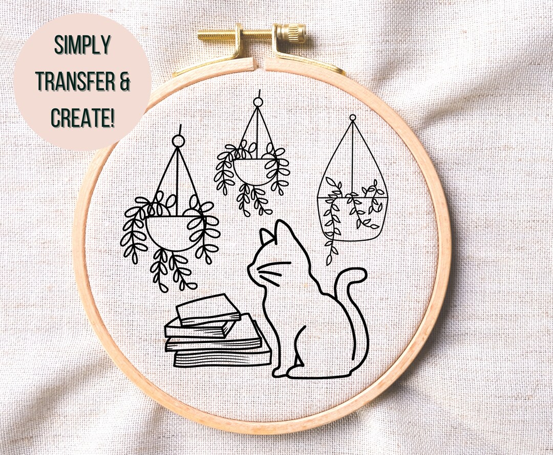 Boho Hand Embroidery Pattern Stack of Books Hoop Art Design Cat ...