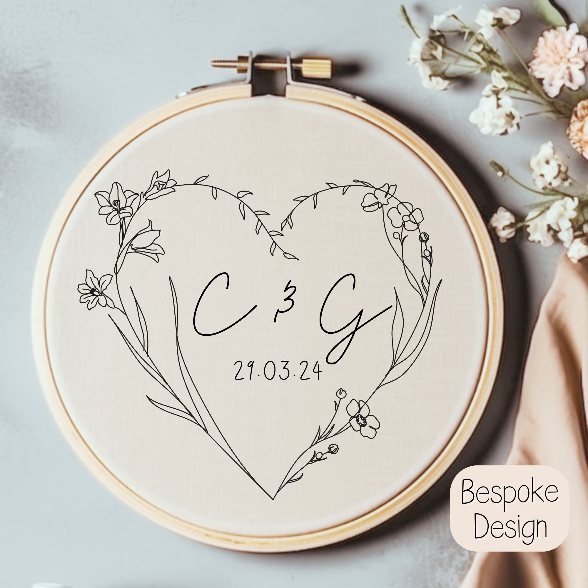 Custom Wedding Initials Hand Embroidery Pattern - Personalized Couples ...