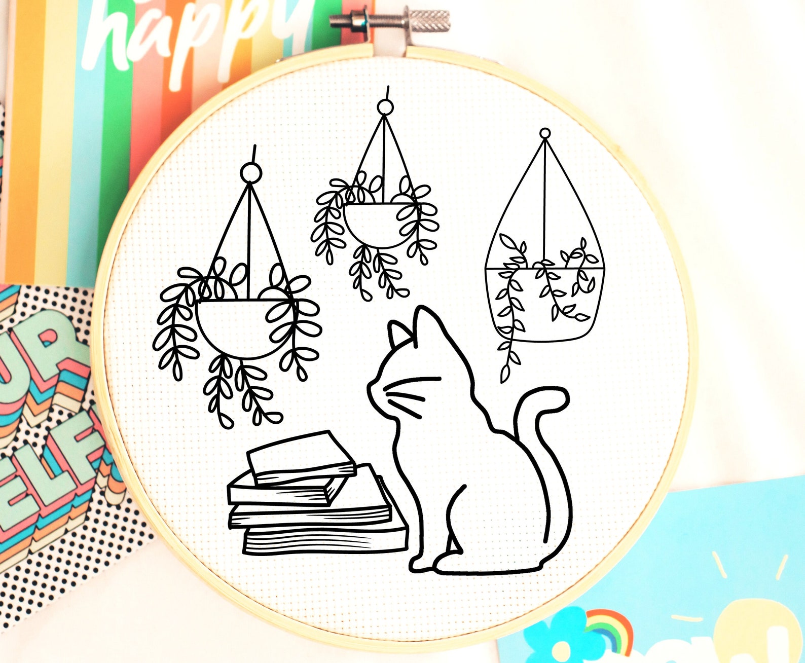 Boho Hand Embroidery Pattern Stack of Books Hoop Art Design - Etsy