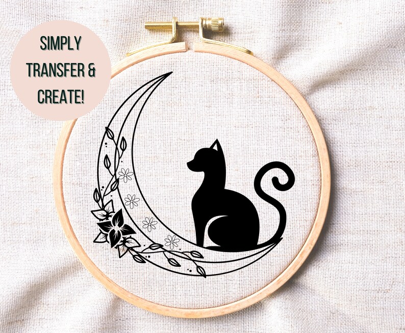 Floral Moon Cat Hand Embroidery Pattern Cat and Moon Floral - Etsy