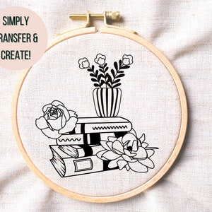 Stack of Books Hand Embroidery Patterns - Floral Books Hand Embroidery ...