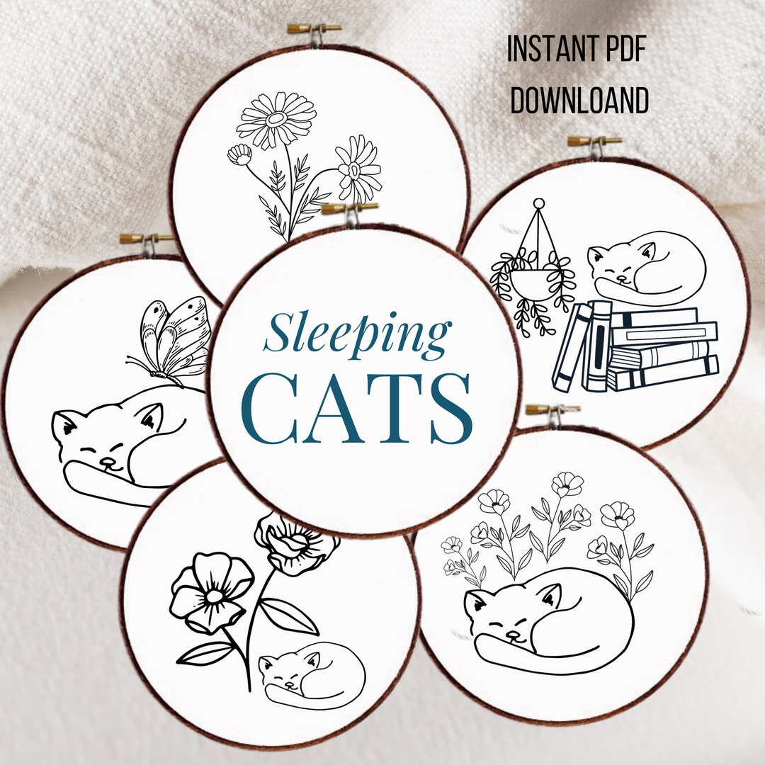 Cute Cats Hand Embroidery Pattern Bundle - Sleeping Cats Embroidery ...