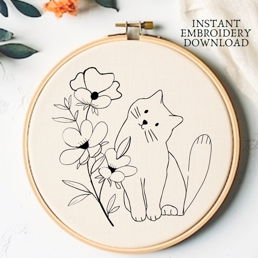 Floral Cat Hand Embroidery PDF Printable Cute Cat Hand Embroidery ...