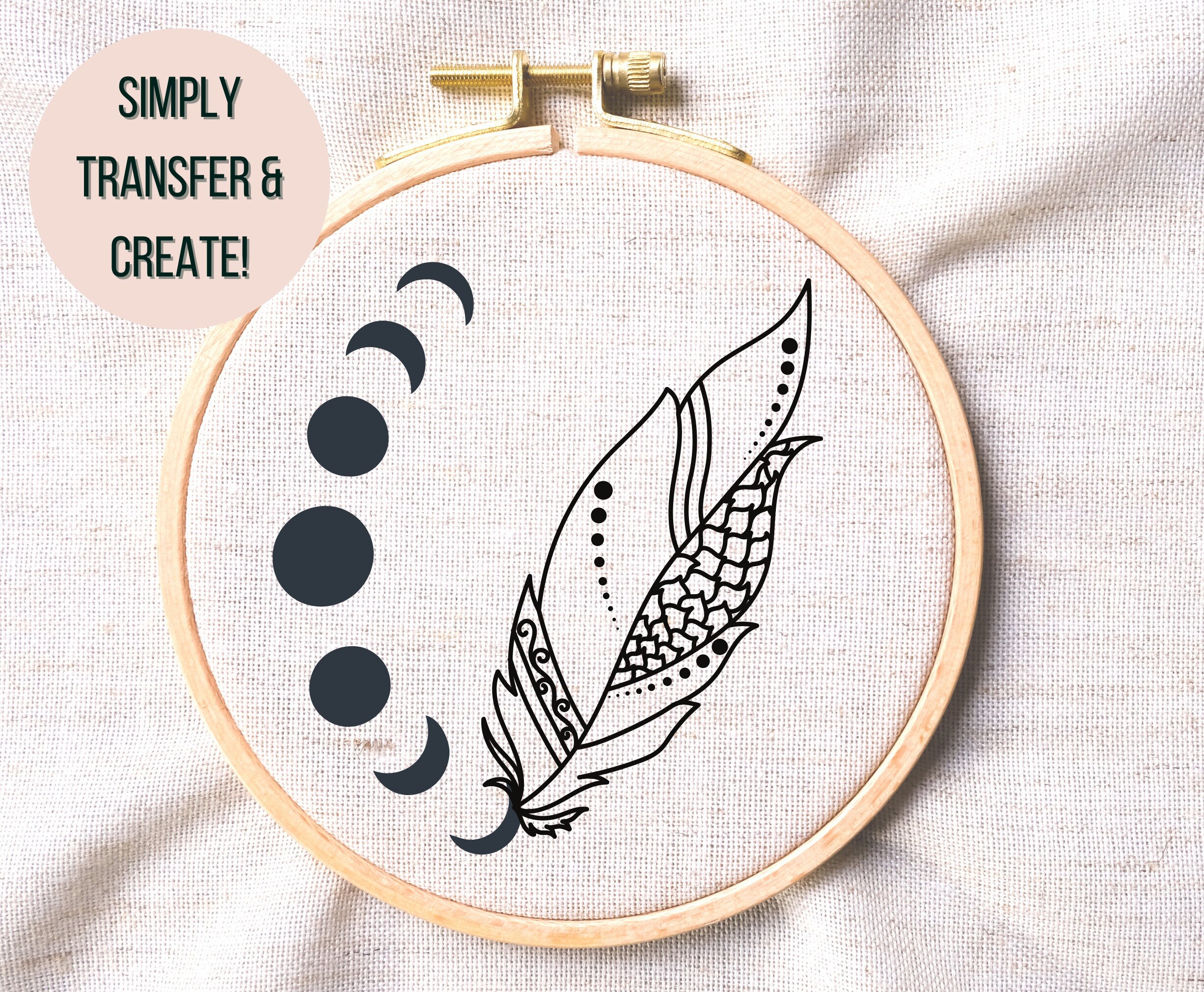 Floral Feather Embroidery Pattern PDF Celestial Moon Phases - Etsy