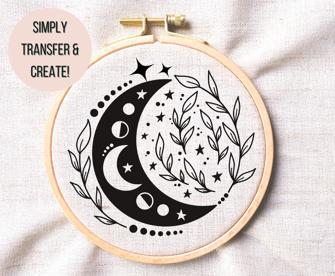 Floral Moon Embroidery Pattern PDF~ Celestial Moon Phases Hand ...