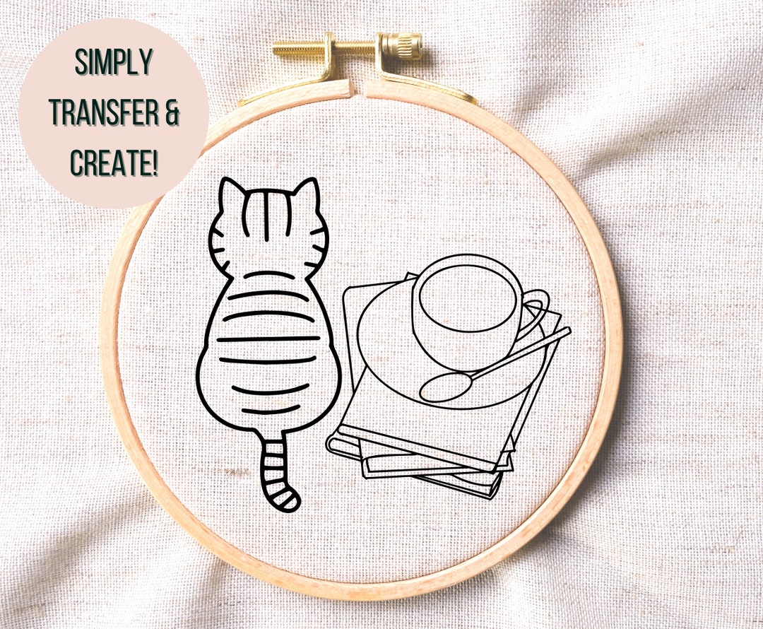 Boho Hand Embroidery Pattern - Stack of Books Hoop Art Design - Cat ...