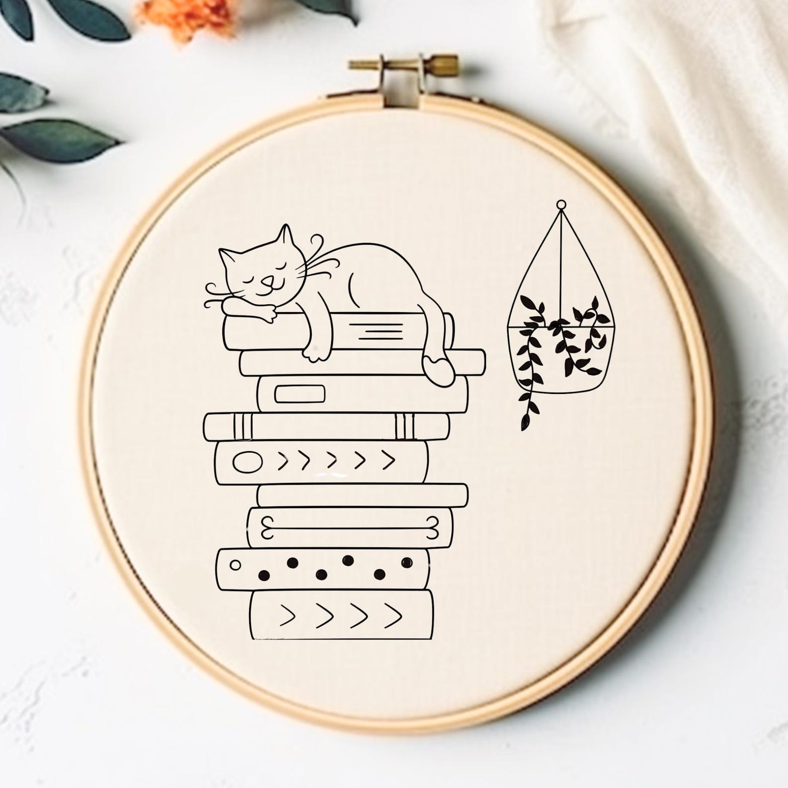 Boho Hand Embroidery Pattern Stack of Books Hoop Art Design Cat ...
