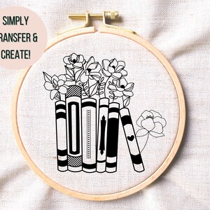 Stack of Books Hand Embroidery Patterns - Floral Books Hand Embroidery ...