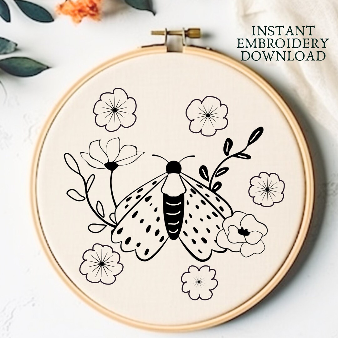 Moth and Flowers Hand Embroidery Pattern PDF Moth Hand Embroidery ...