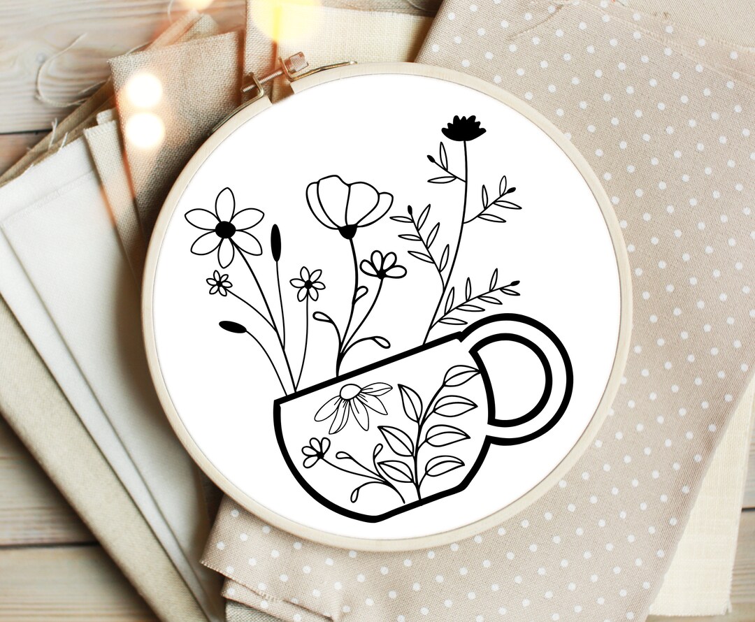 Modern Floral Teacup Hand Embroidery Design Modern Floral - Etsy