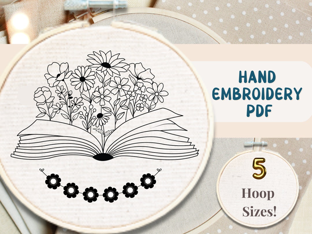 Book Hand Embroidery Pattern Floral Book Embroidery Design Open Book ...