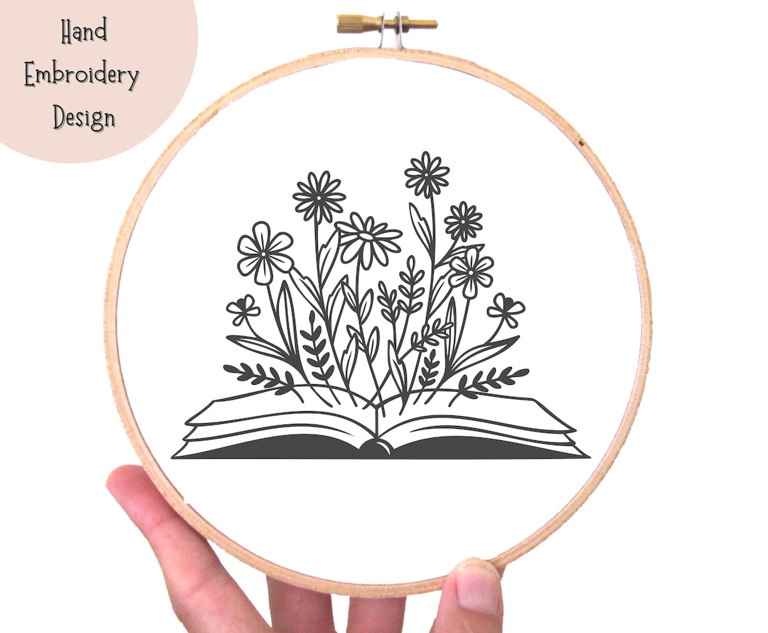Book Hand Embroidery Pattern - Floral Book Embroidery Design - Doodle ...