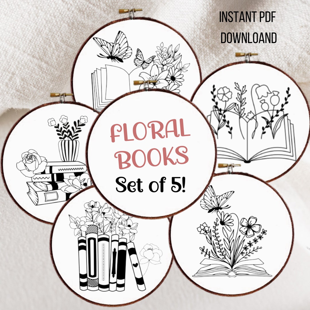 Stack of Books Hand Embroidery Patterns - Floral Books Hand Embroidery ...