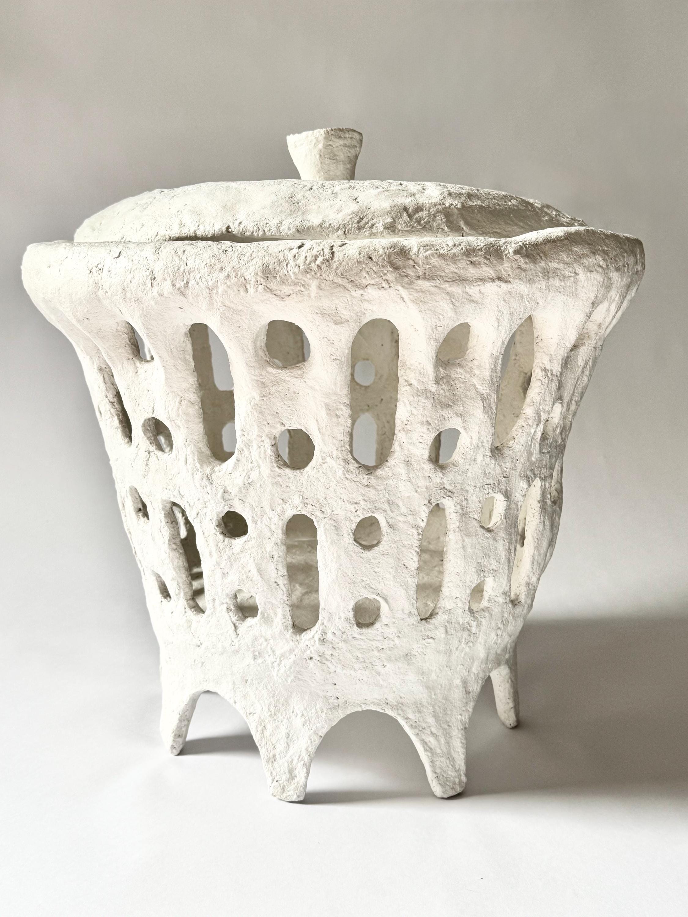 Handmade Paper Mache Basket With Lid: Sculpted White Storage on Arched ...