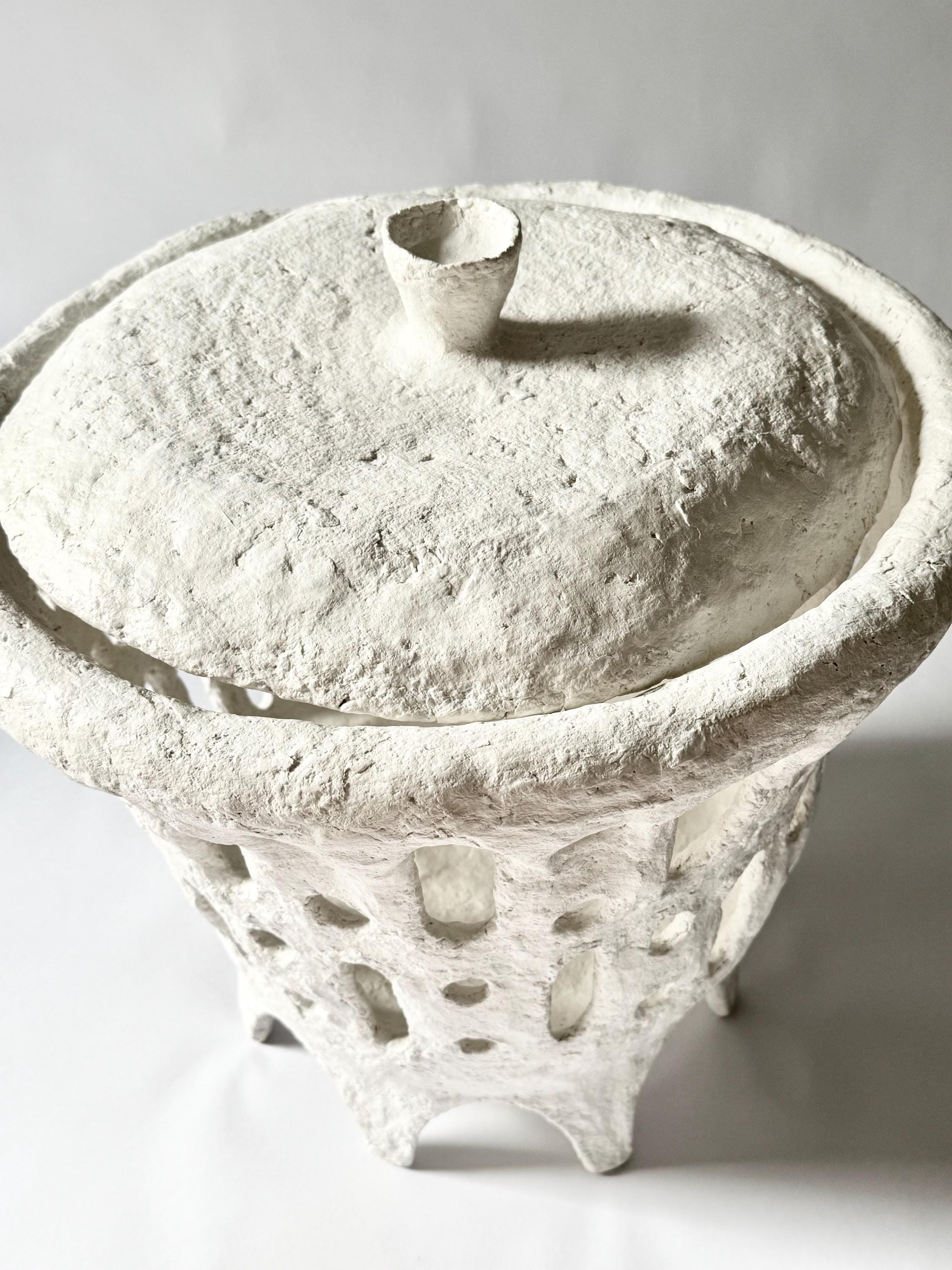 Handmade Paper Mache Basket With Lid: Sculpted White Storage on Arched ...
