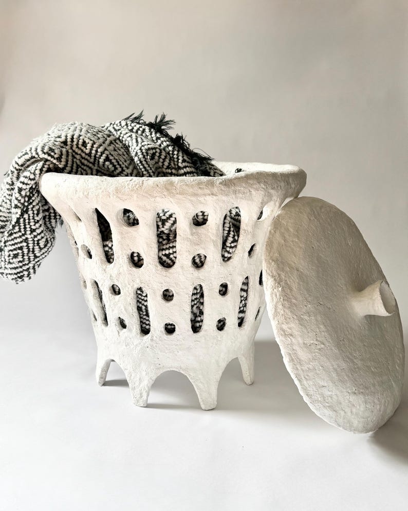 Handmade Paper Mache Basket With Lid: Sculpted White Storage on Arched ...