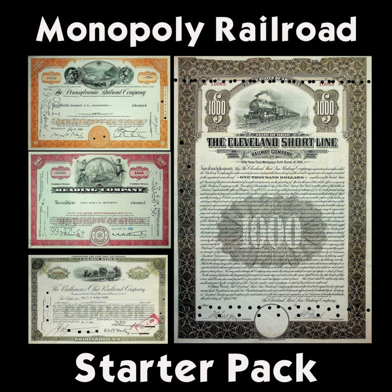 Monopoly Railroad Stock Certificate Bundle Gift 4x Authentic Original ...