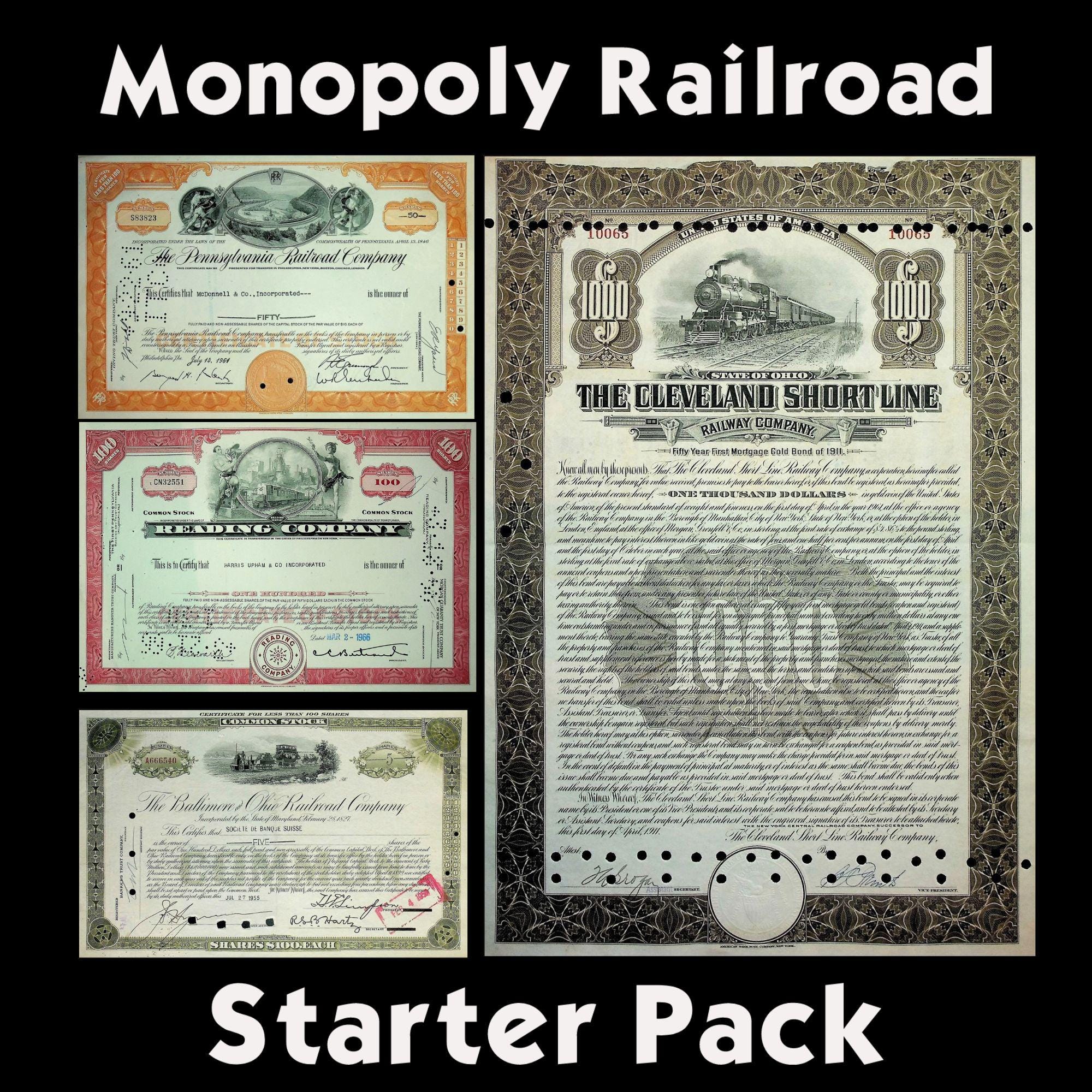 Monopoly Railroad Stock Certificate Bundle Gift 4x Authentic Original ...