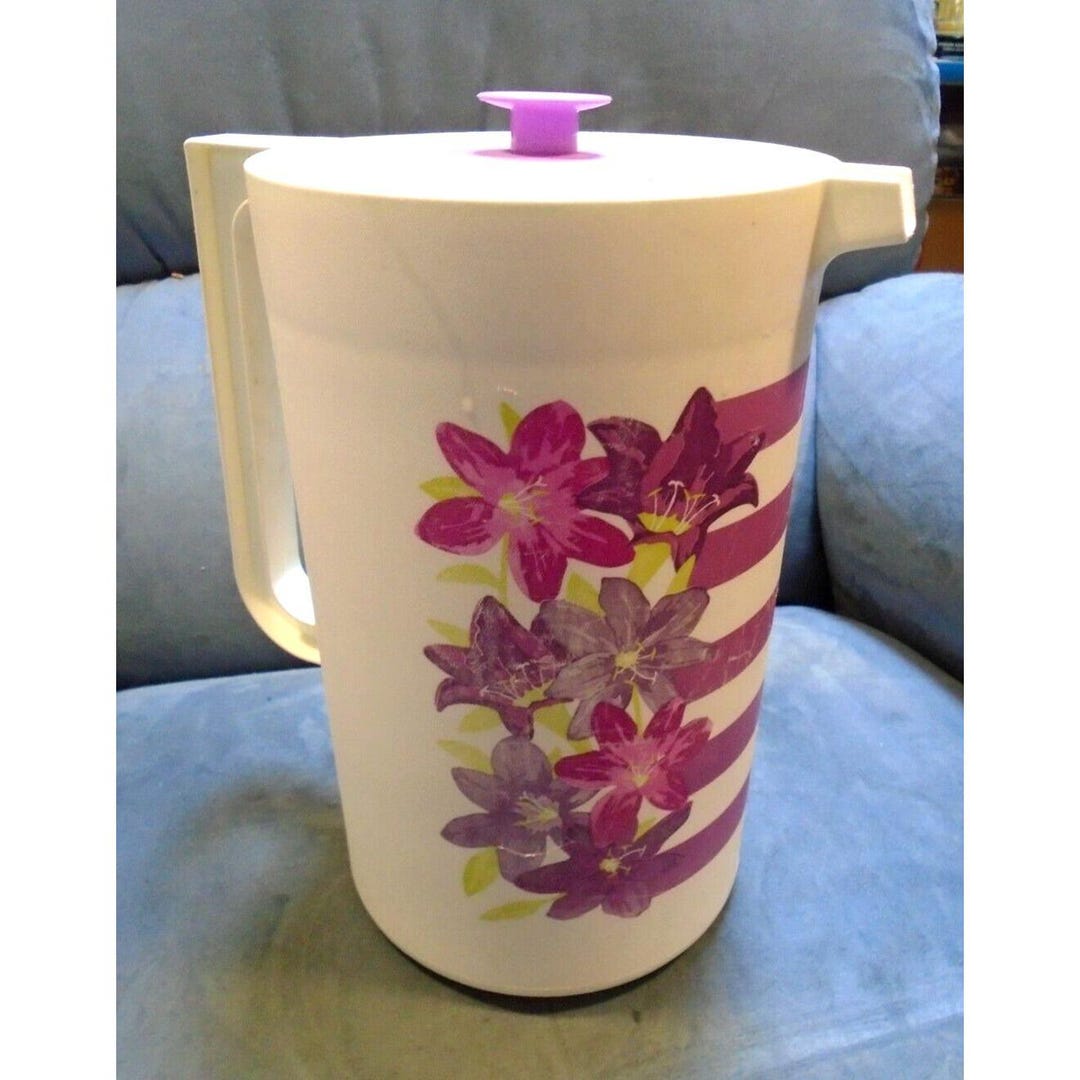 Tupperware 2 Qt Pitcher White With Purple Design Flowers 1416E Lid - Etsy