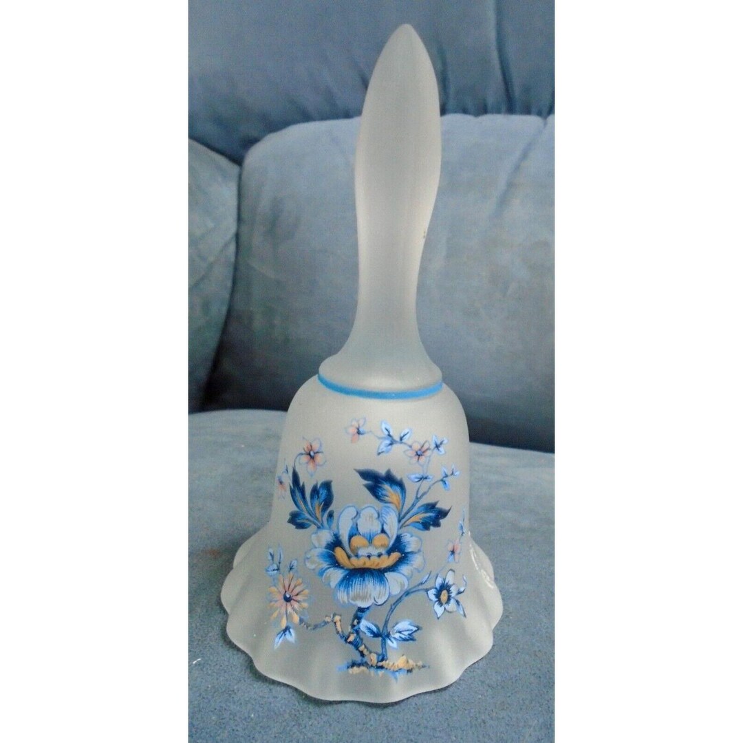 5 Westmoreland Blue Frosted Satin Ruffled Glass Bell With Hand Painted ...