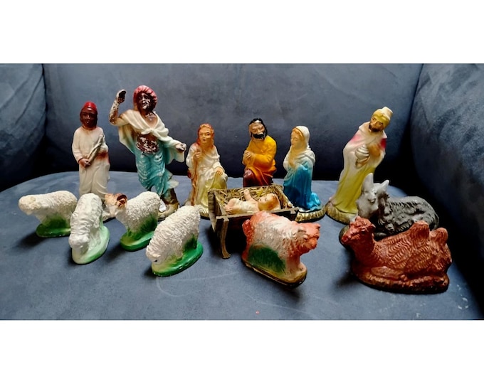 15 Pcs Nativity Set Plaster Chalkware Hand Painted Vintage Baby Jesus ...