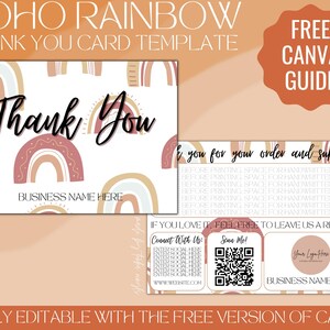 Boho Rainbow Thank You Card Template Canva Template Boho Business Cards ...