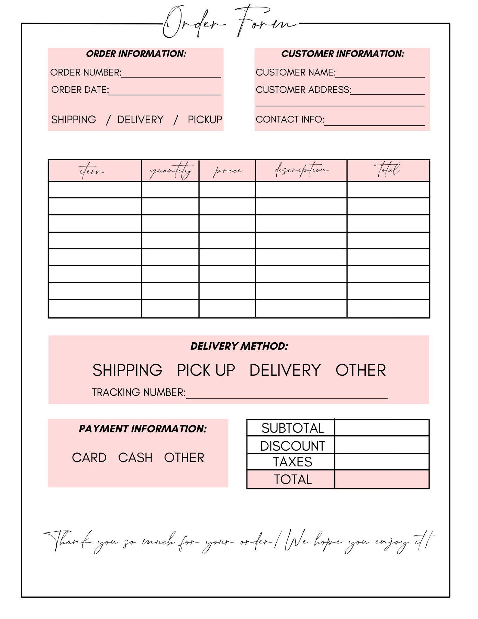 Pastel Order Form Pdfs Ready to Print 5 Colors Perfect - Etsy