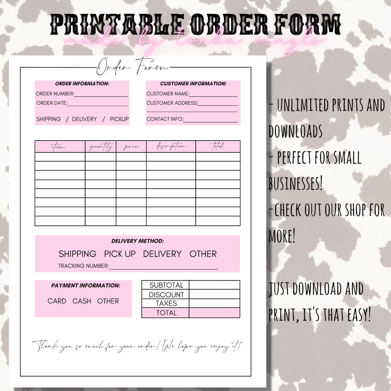 Pastel Order Form Pdfs Ready to Print 5 Colors Perfect - Etsy