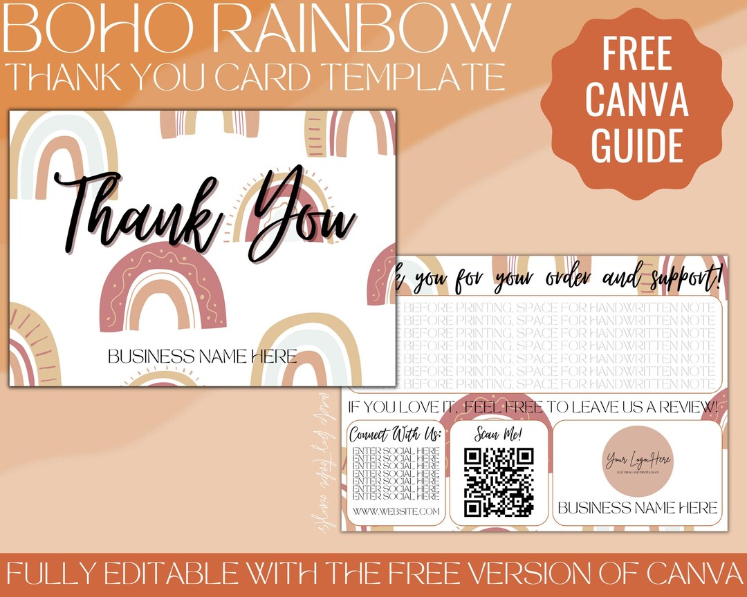 Boho Rainbow Thank You Card Template Canva Template Boho Business Cards ...