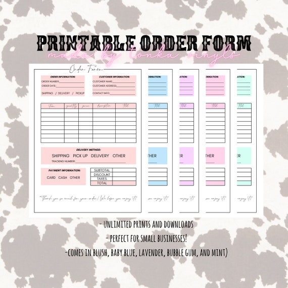 Pastel Order Form Pdfs Ready to Print 5 Colors Perfect | Etsy