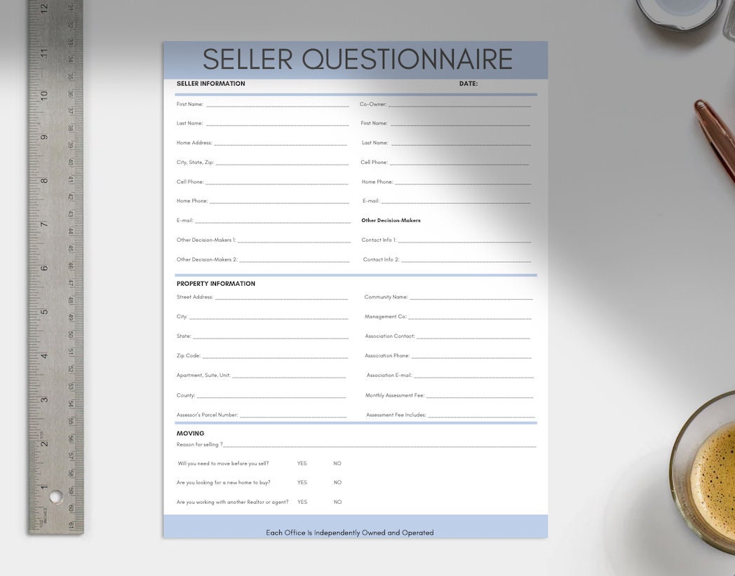 Seller Questionnaire - Printable PDF Real Estate Template - Etsy
