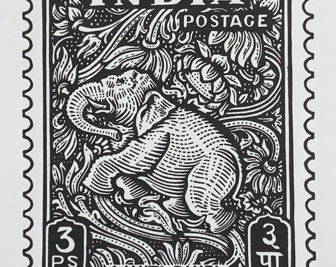 Elephant India Postage Stamp Handmade Limited Edition Linocut Print ...
