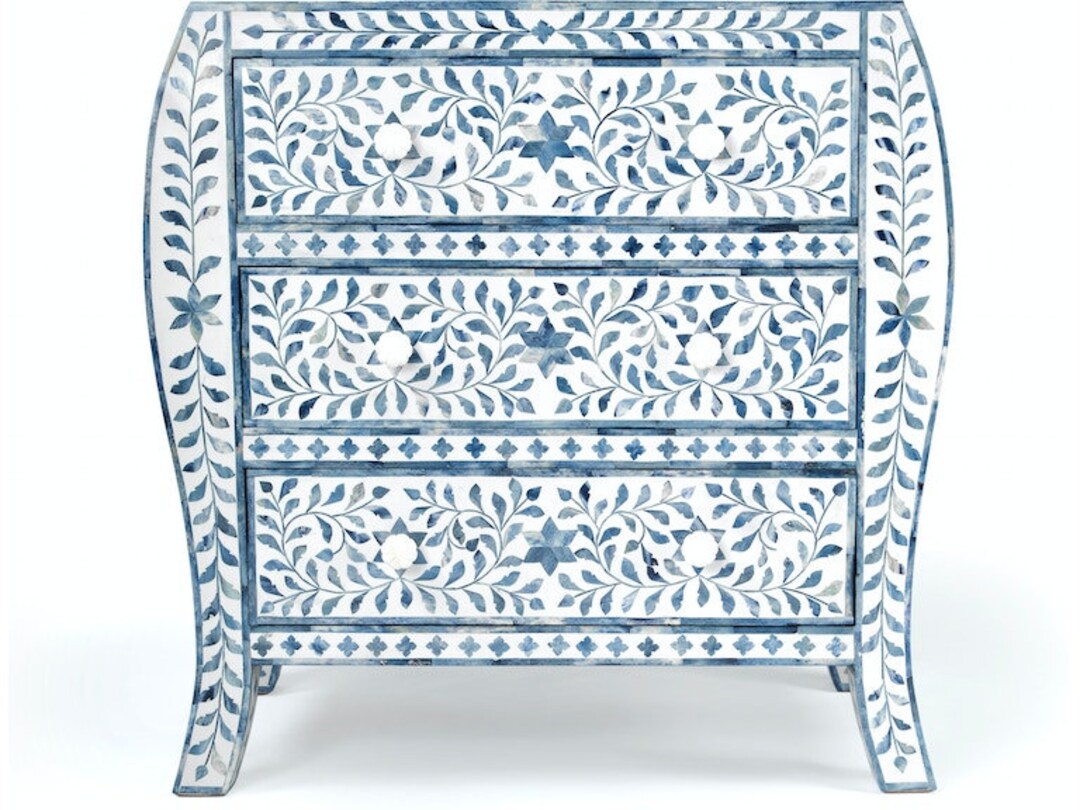 Bone Inlay Handmade Blue Color Bone Bedside Table, Three Drawers Night ...