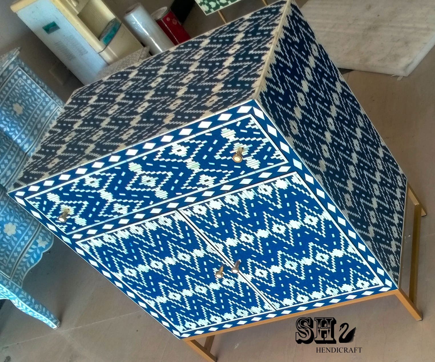 Bone Inlay Ikat Design Indigo Blue Entryway Cabinet Bone - Etsy