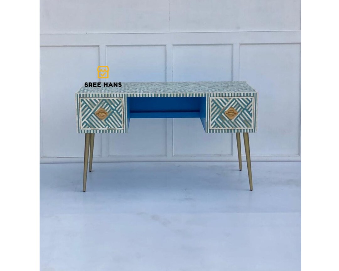 Bone Inlay Blue Study Table, bone Inlay Desk Table two Drawer Table ...