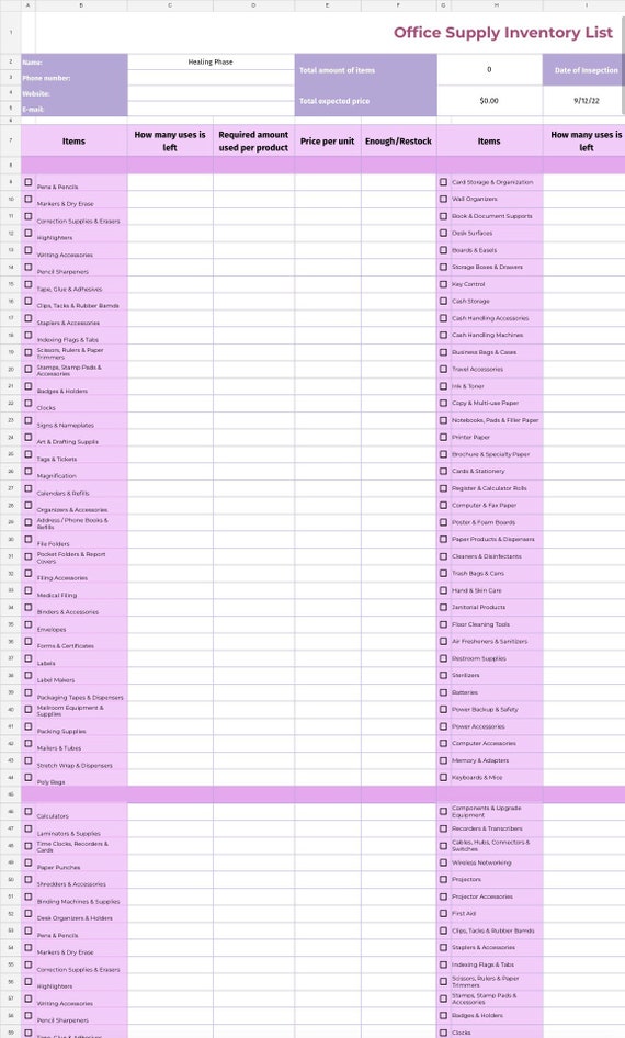 Office Supply List Template Excel