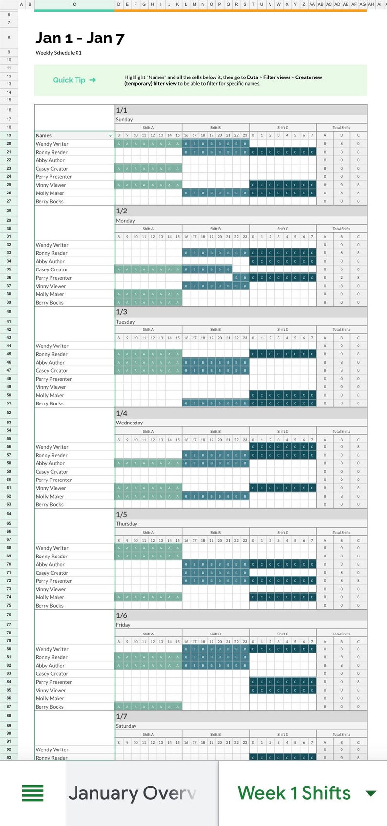 Employee Shift Tracker Template Spreadsheet for Excel and - Etsy
