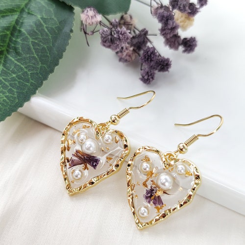 Pressed Bleeding Heart Earrings Dried Flower Handmade Resin - Etsy