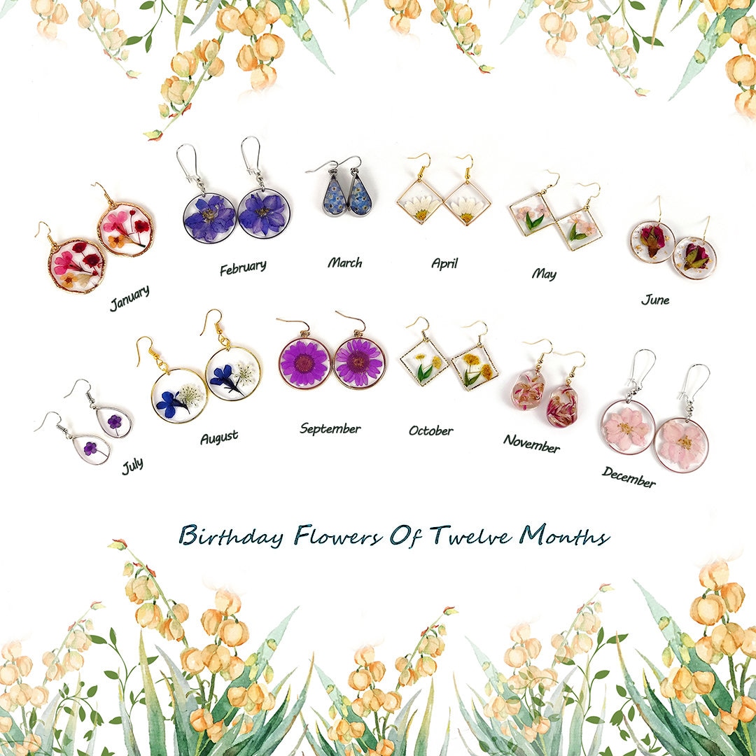 Handmade Birth Flower Earrings Personalized Birthday Gift Dried Flowers ...