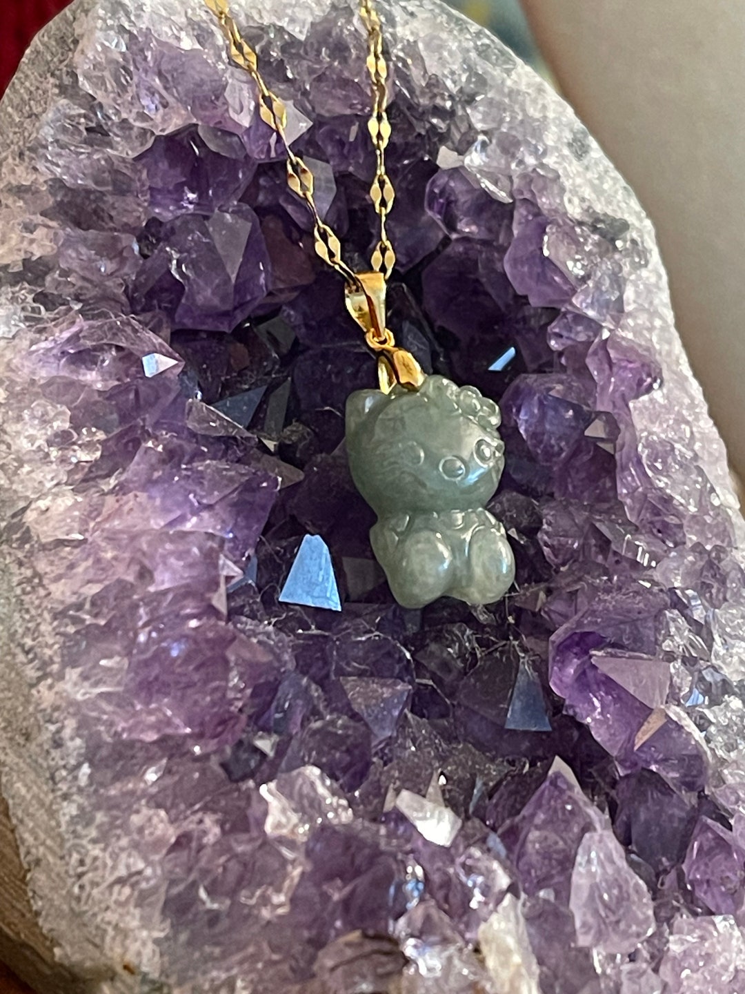 Protection Green Jade Hello Kitty Necklace - Lucky Protection Charm for ...