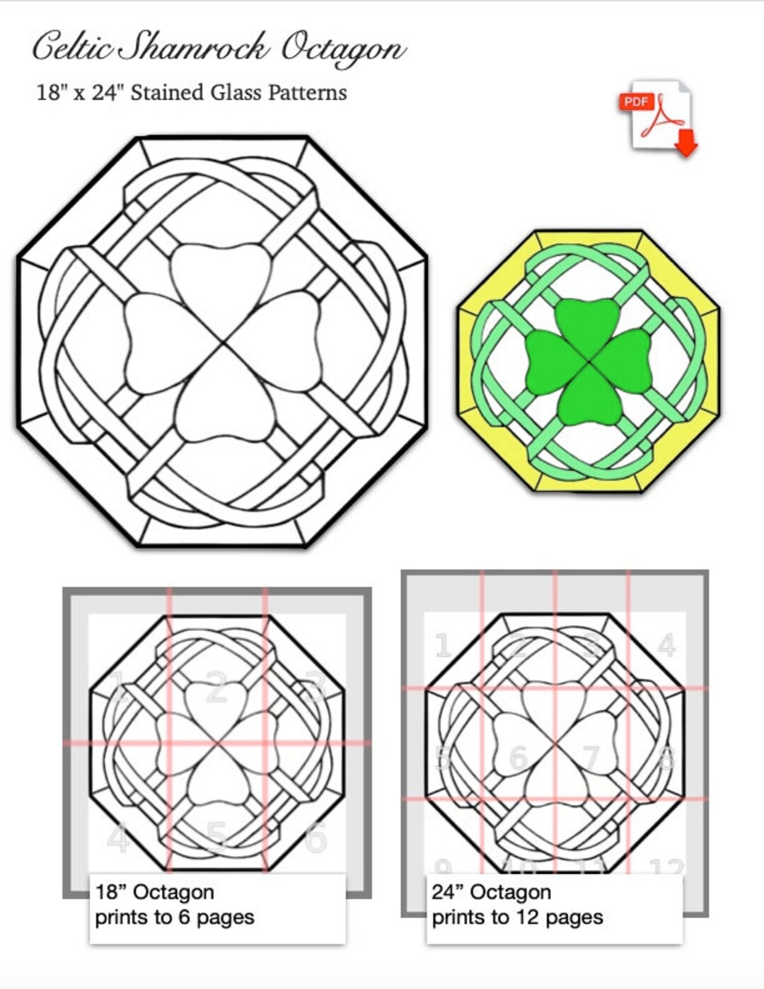 Celtic Shamrock Octagon Stained Glass Pattern~ PDF - Etsy