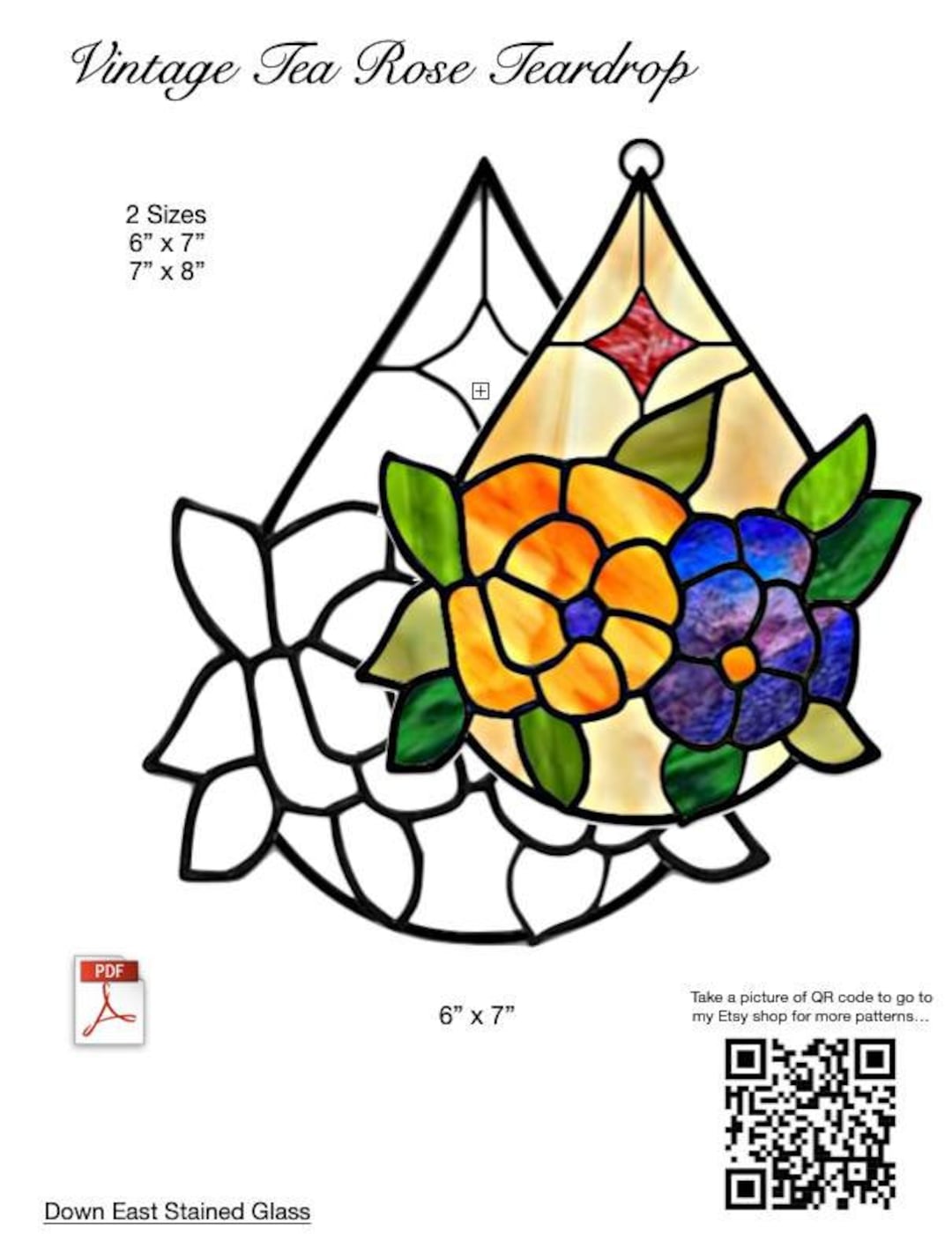 Vintage Tea Rose Teardrop Stained Glass Pattern - Etsy